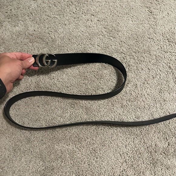 Accessories | Black Leather Belt With Silver Gg Buckle | Poshmark
